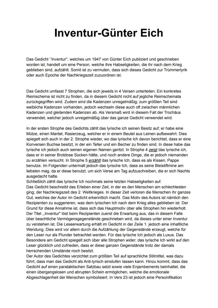 Einfach erklärt: Günter Eich 'Inventur' Analyse: Stilmittel, Text und ...